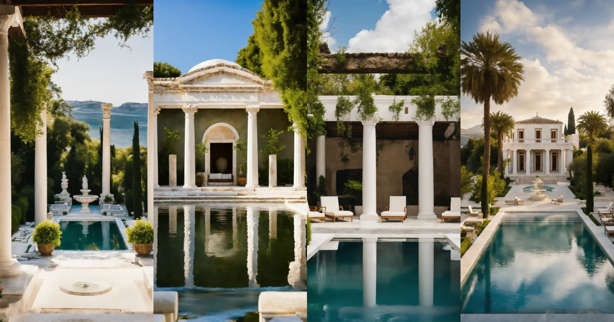 Lexica - Greek style garden, beautiful, surrounded by waterfalls ...