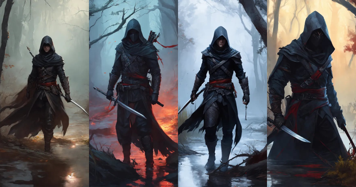 Lexica - Vivid Painting, sideview of an male assassin in attack stance ...