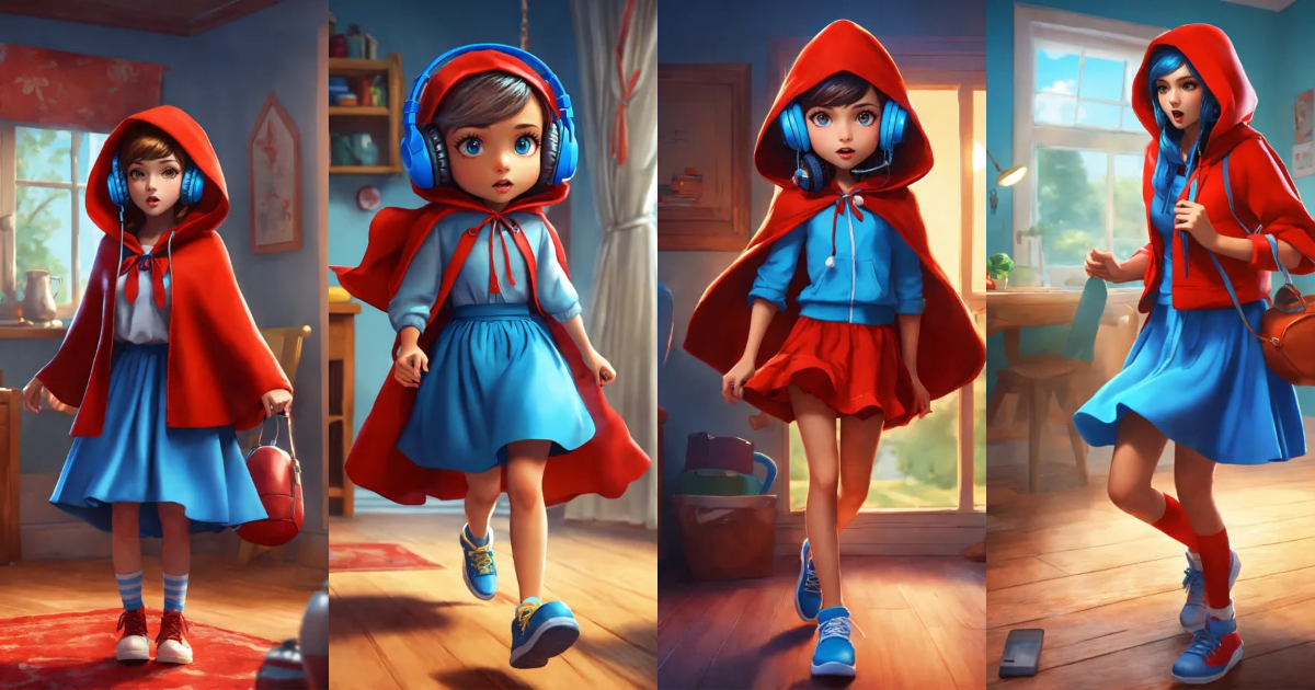 Lexica - Cartoons scared modern Red Riding Hood, wearing short blue ...
