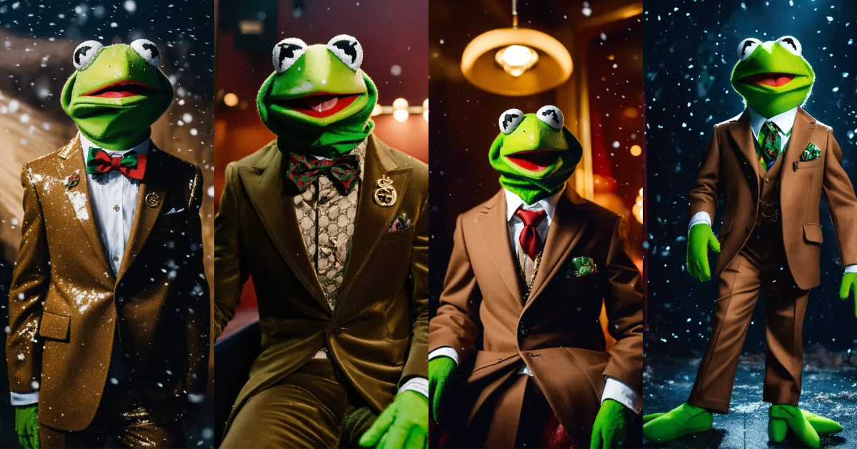 Lexica - Kermit the Frog wearing a brown gucci suit, gucci promo photo ...
