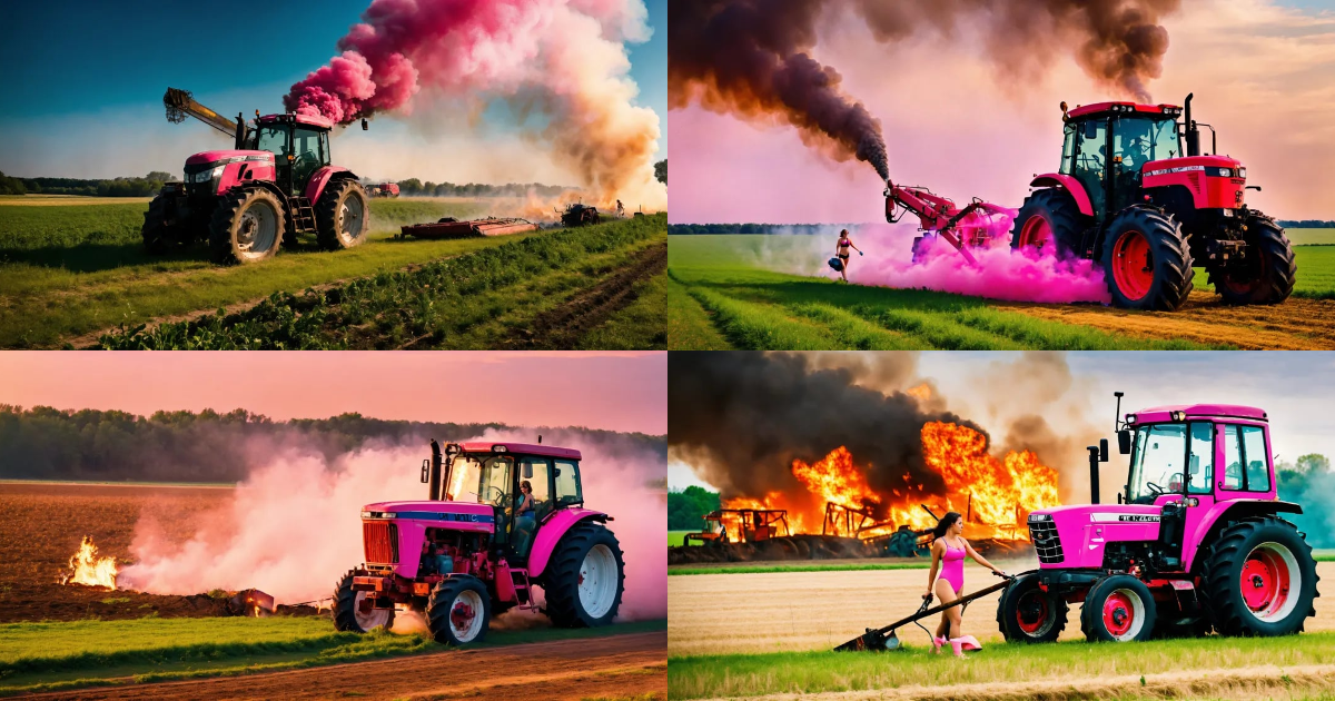 Lexica - Tractor broken in a field, making a lot of smoke and fire ...