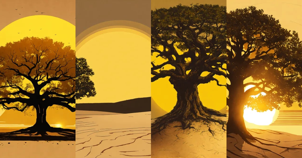 Lexica - Schematic illustration of an oak tree with a dark yellow sun ...