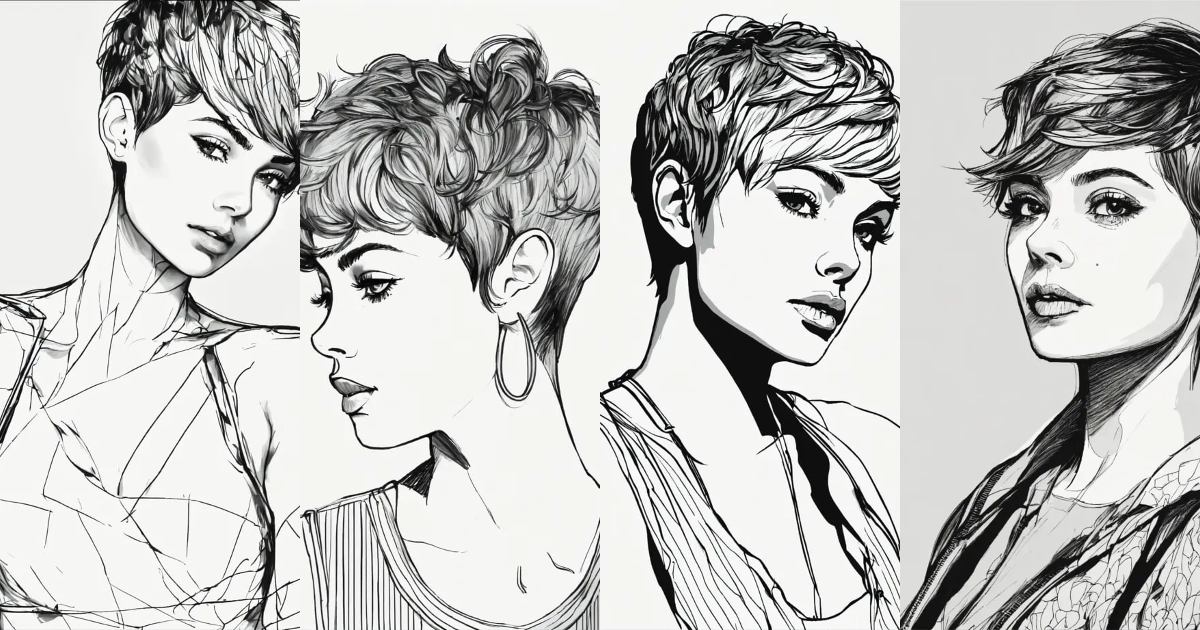Lexica - Black and white line drawing, woman, pixie cut, upper body ...