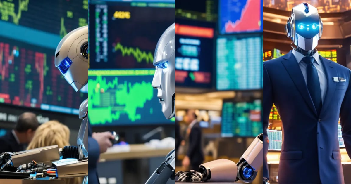 Lexica - A robot standing in front of a stock market exchange, with ...