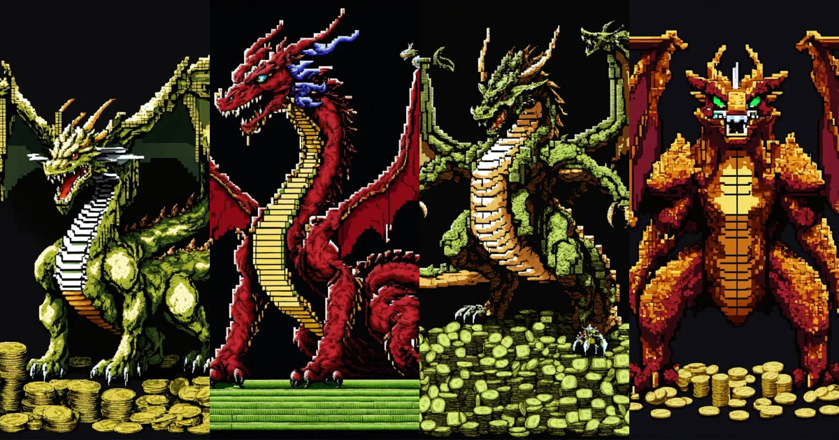 Lexica - 8-bit pixel art of a dragon final boss made of money black ...