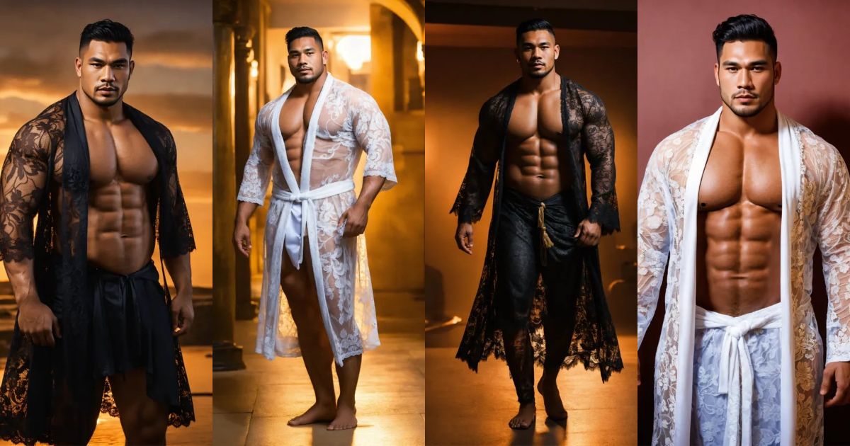 Lexica - Full shot of a handsome samoan man in a long sheer lace robe ...