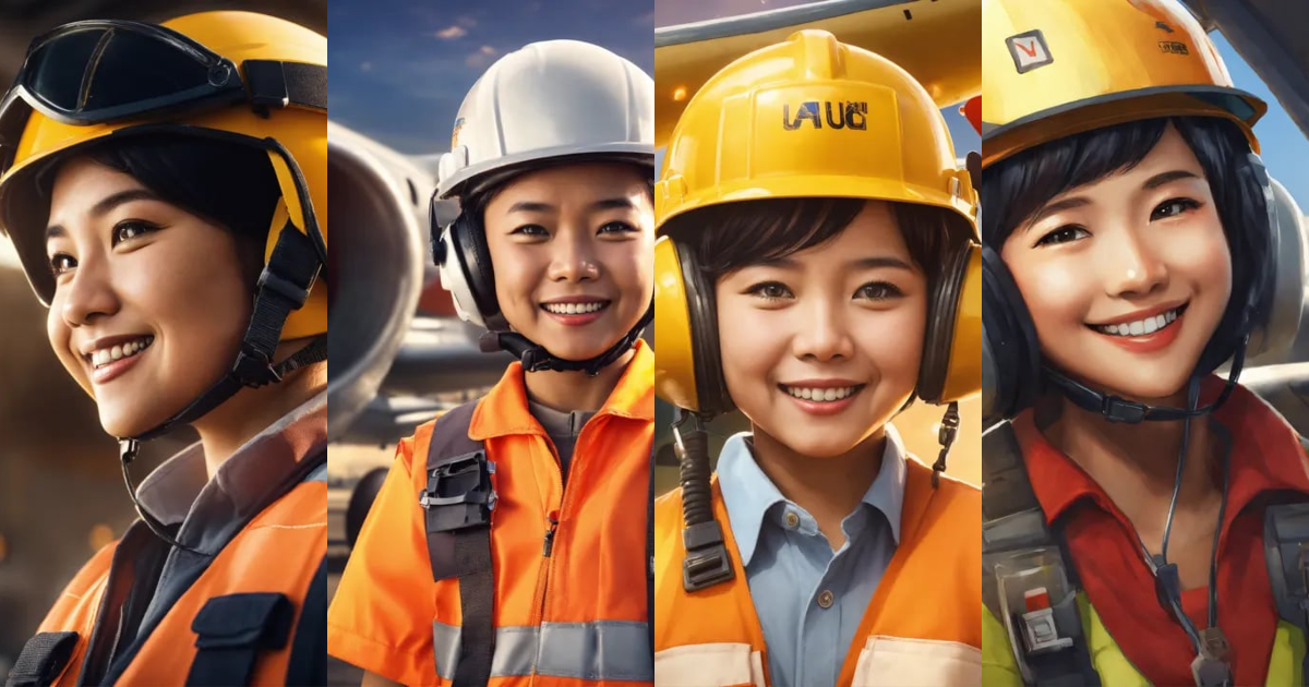 Lexica - Aircraft engineering using vest, safety helmet, smiling, Indonesian face, aircraft ...