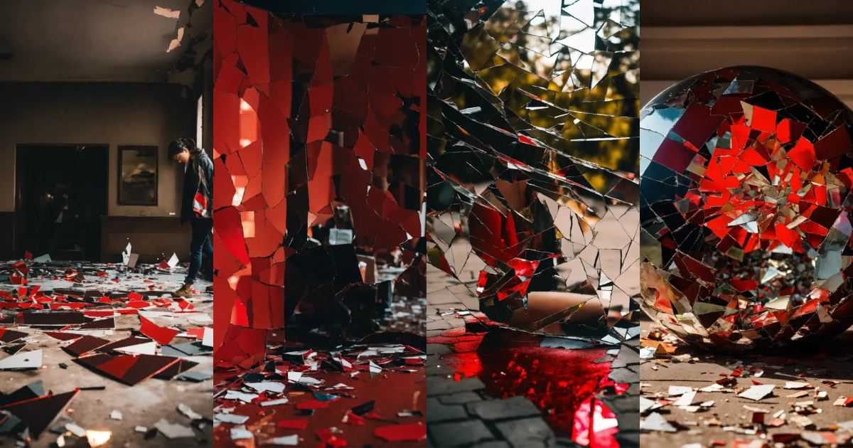 Lexica - A shattered mirror on the ground, reflecting a fragmented ...