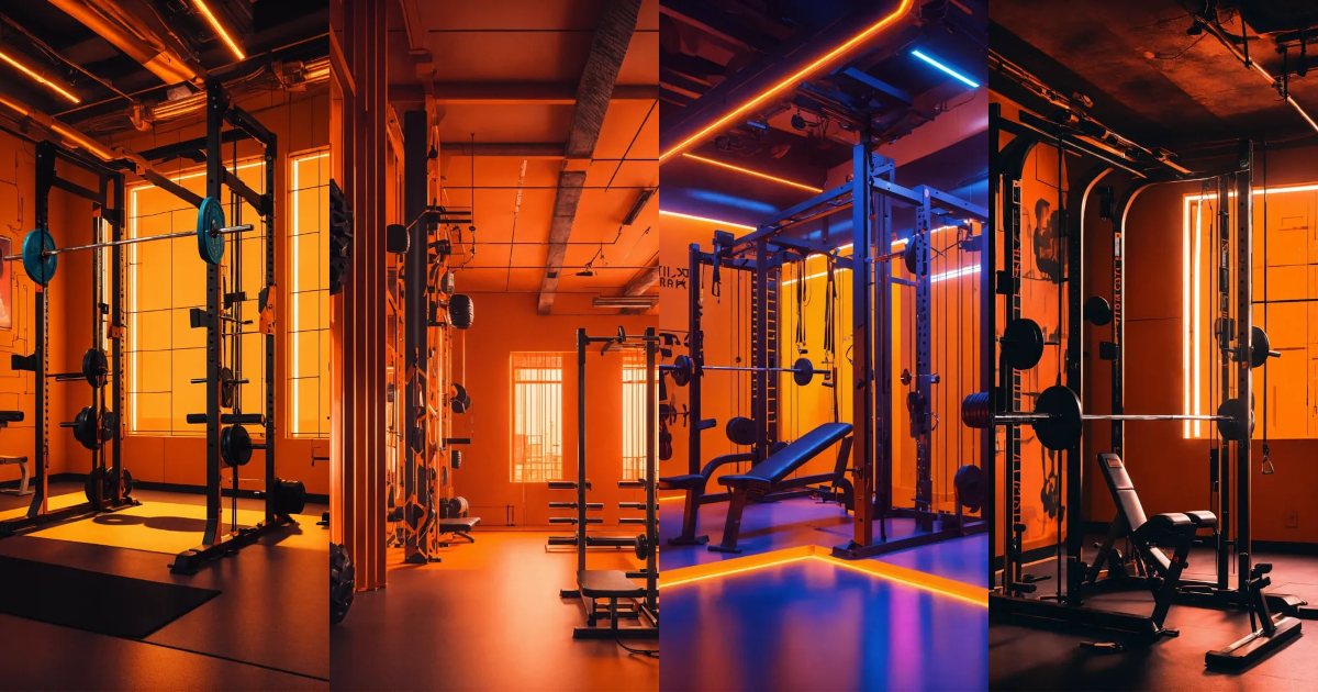 Lexica - Gym interior with squat rack in a cyberpunk futuristic orange ...