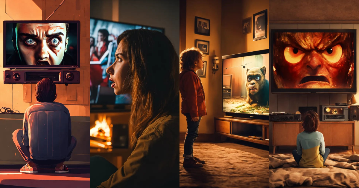 Lexica - A scared and angry person watching a TV with distressing ...