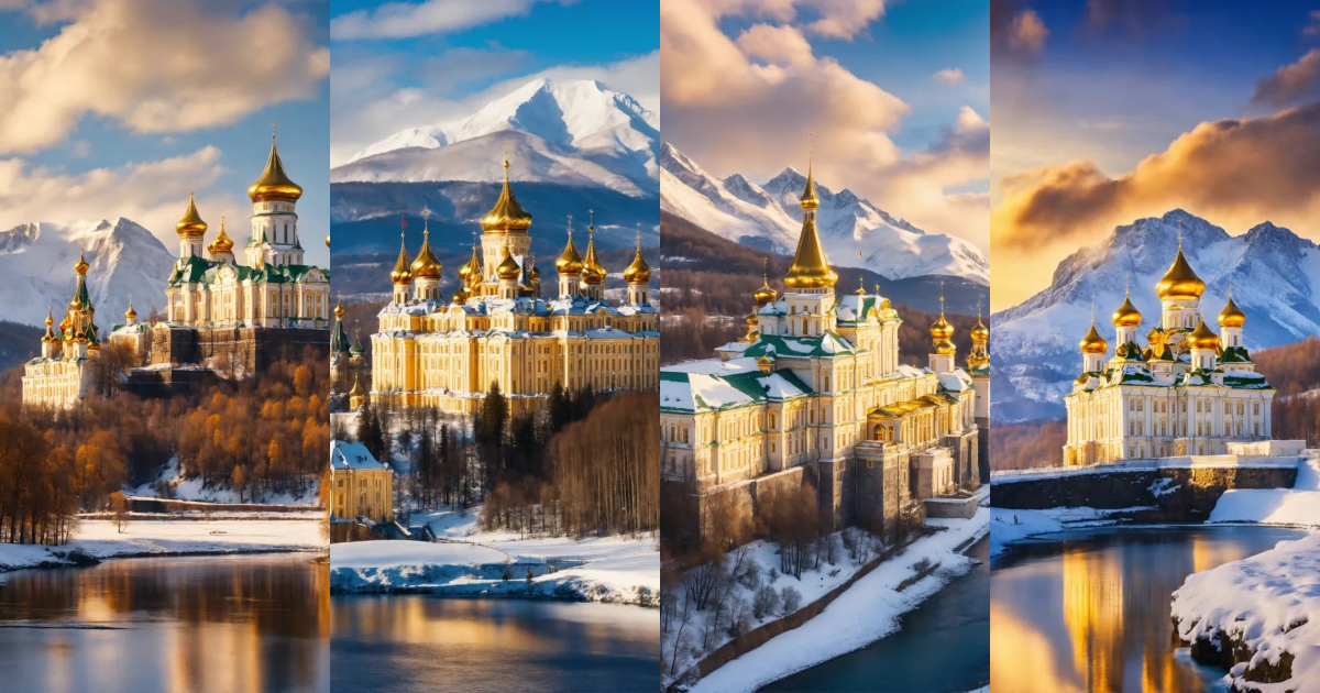 Lexica - Russian royal castle with golden roof in foreground and winter ...