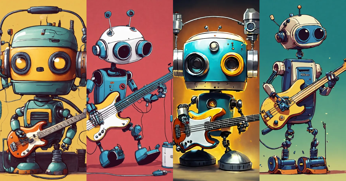 Lexica - Deformed robot. Mechanic. Cute illustrations, plays bass.
