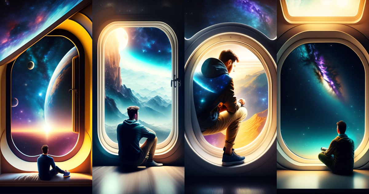 Lexica - Human, sitting sad in spaceship, gazing at view of galaxy in ...