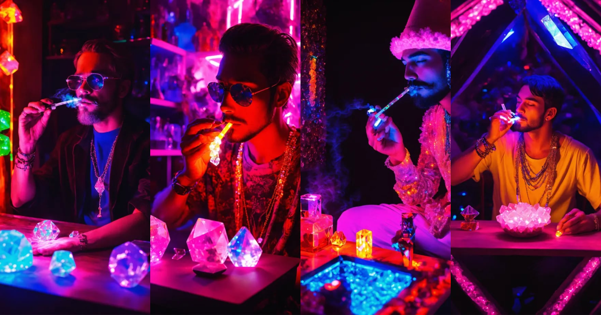 Lexica - A diamond man smoking crystals in a crystal pipe in a DMT ...