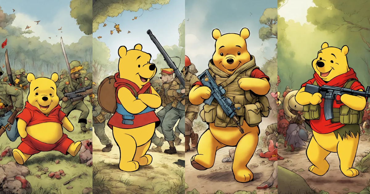 Lexica - Winnie the Pooh as a soldier fighting the zombies.