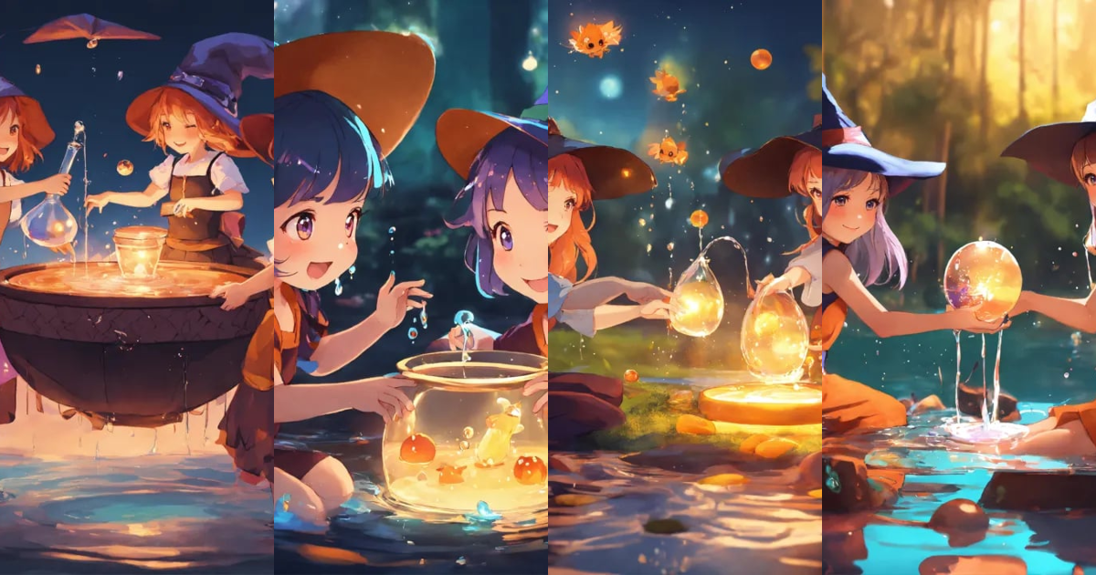 Lexica - Witch girls playing with magic floating water.