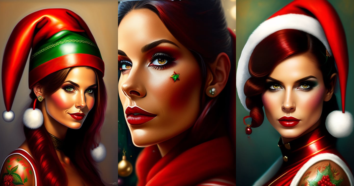 Lexica - Holiday elf, female, tattooed rebel, painted style, santa