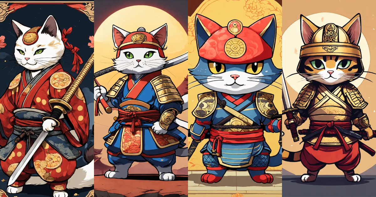 Lexica - A cartoon cat with a samurai helmet and a sword, samurai cat ...