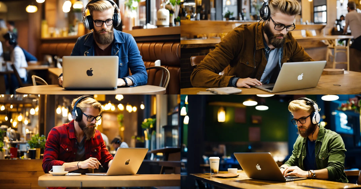 Lexica - Hipster, working in cafe, blond, on macbook, designer, headphones