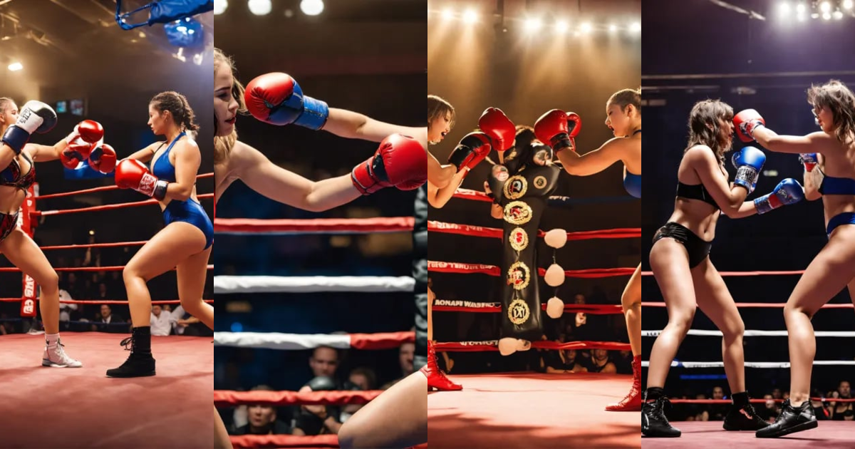 Lexica - Two females, in monokini, 38D cup, fighting in boxing ring