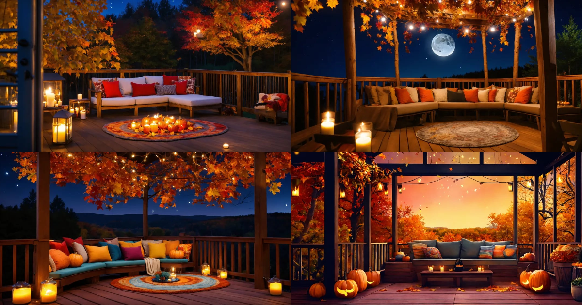 Lexica - Fall theme patio, big comfy couch, fluffy rug, fall leaves ...