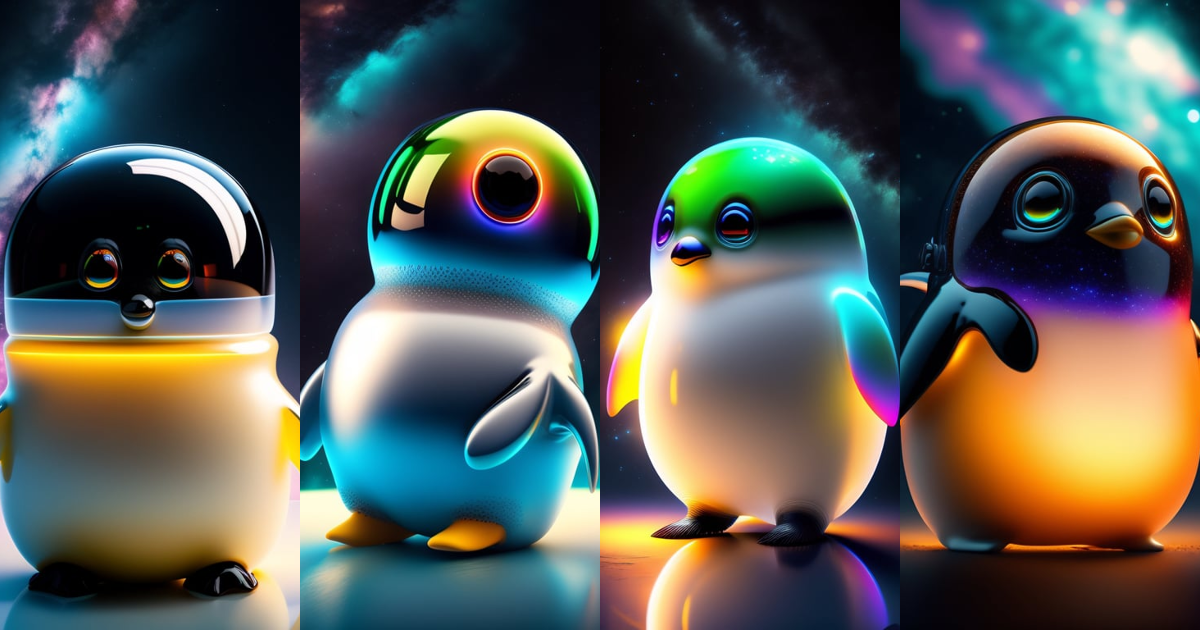 Lexica - Chubby cute plastic alien penguin with glowing eyes in space