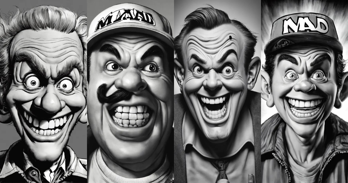 Lexica - MAD Magazine Character moron face, black and white, cartoon