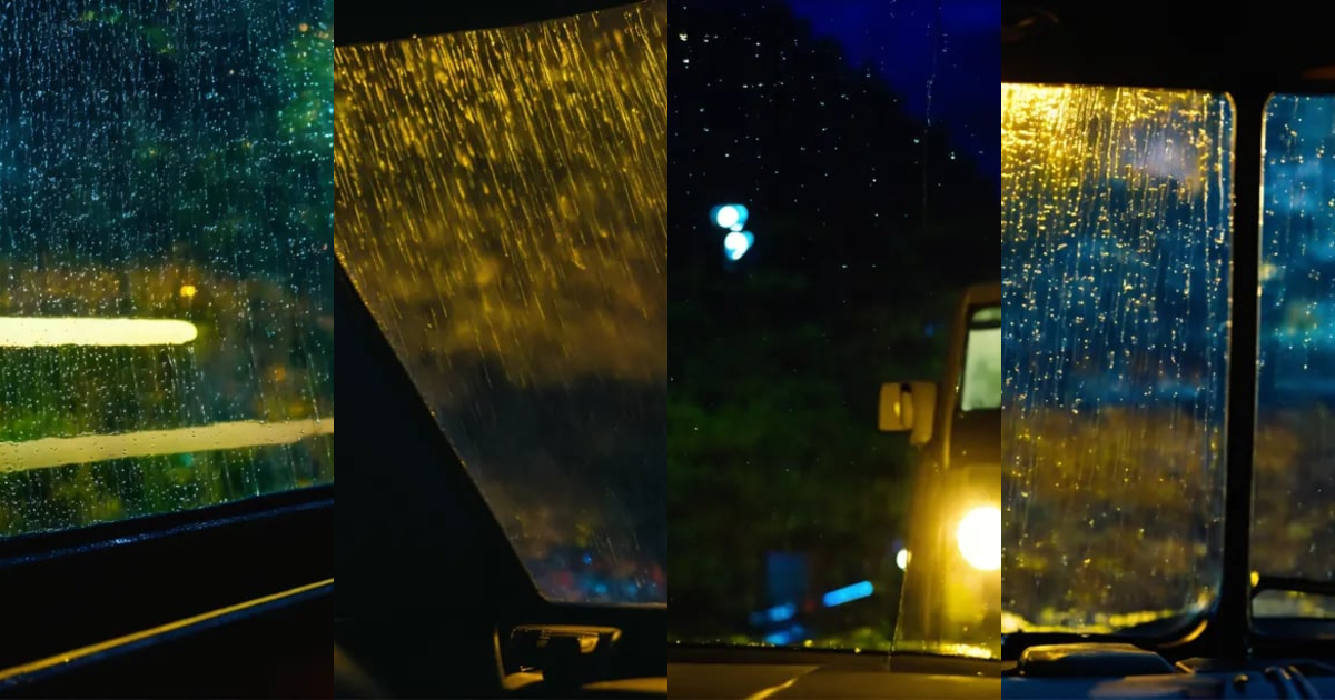 Lexica - Looking out a car rear window with rain sliding down the glass ...