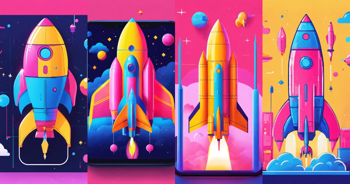 Lexica - Minimalist illustration of a mobile app launch, vibrant neon ...