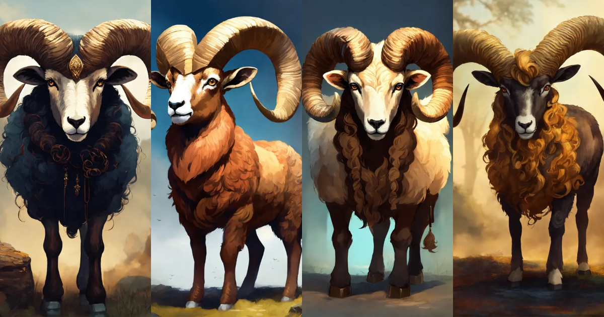 Lexica - Concept art of a ram with long curly horns and strong front legs