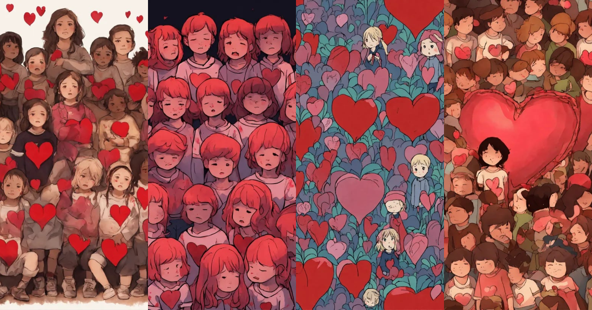 Lexica - Please generate a drawing of a big group of sad children and ...