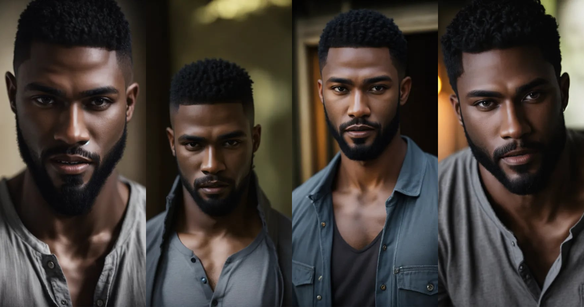 Lexica - Handsome black male, dark skin, , beard, vampire, gray Henley,