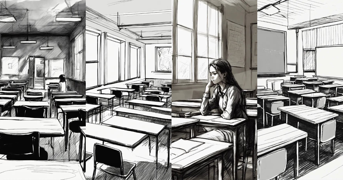Lexica - A sketch of a school classroom, an empty classroom. A girl is ...