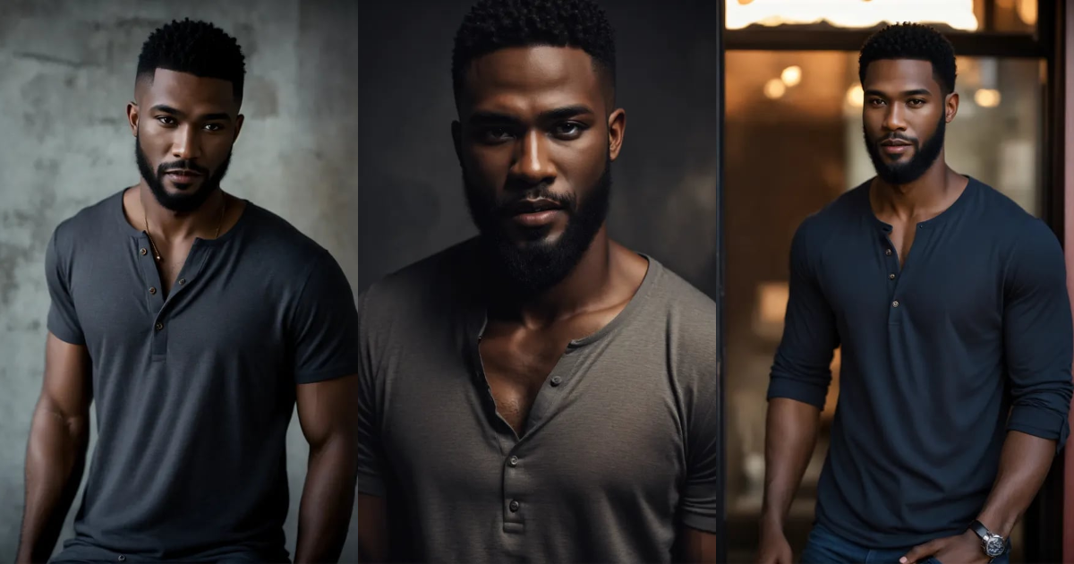 Lexica - Handsome black male, dark skin, , beard, vampire, gray Henley