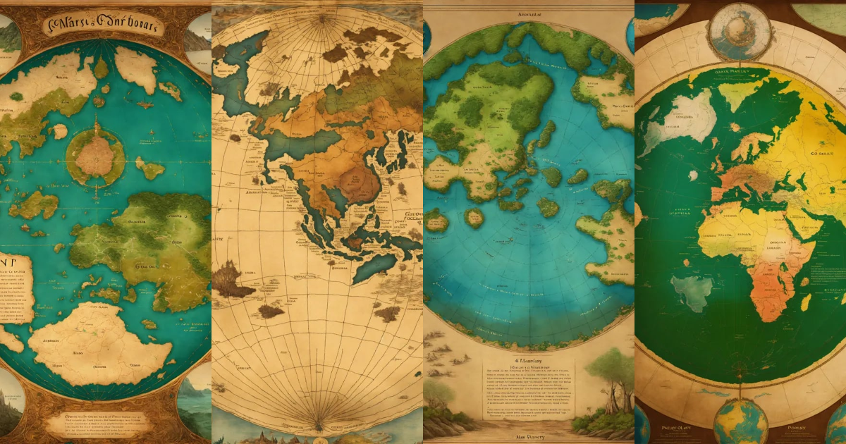 Lexica - Map of a fantasy planet with 4 continents, 3 oceans, many forests