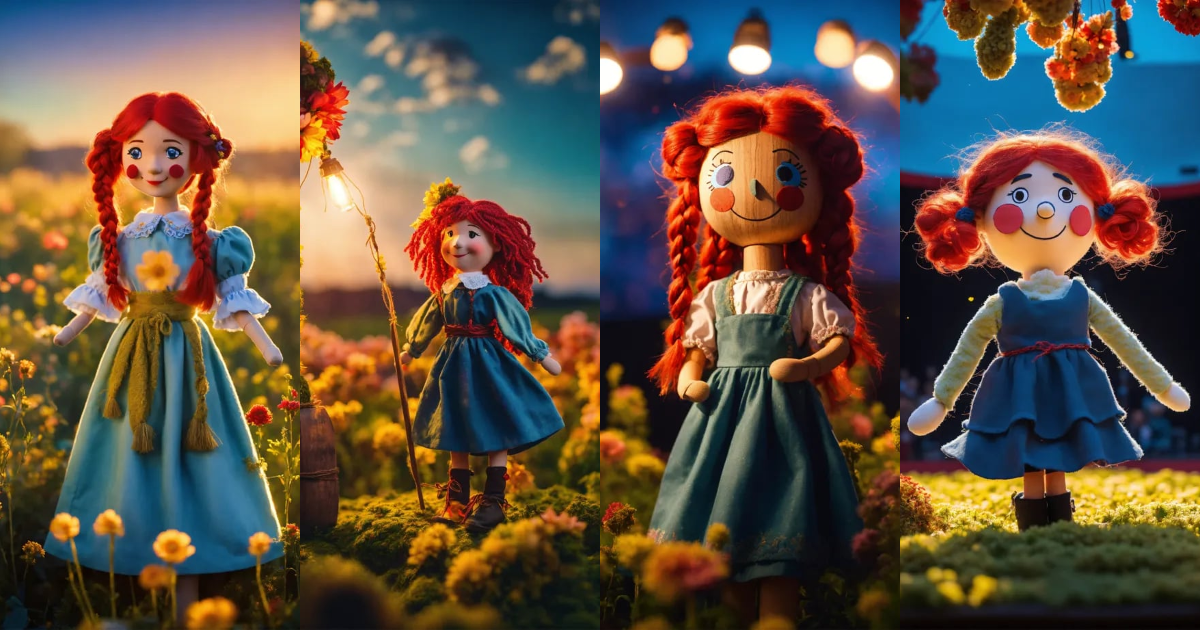 Lexica - One wooden puppets, a red-haired girl with braids, happy ...