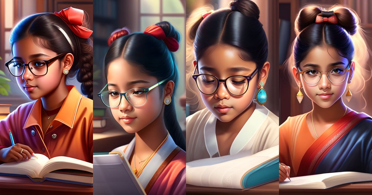 Lexica - A girl with her gair tied in a single bun, wearing glass, age ...