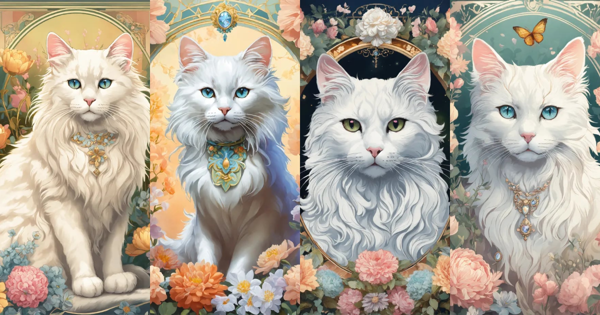 Lexica - Art Deco overwhelmingly beautiful fluffy white cat framed with ...