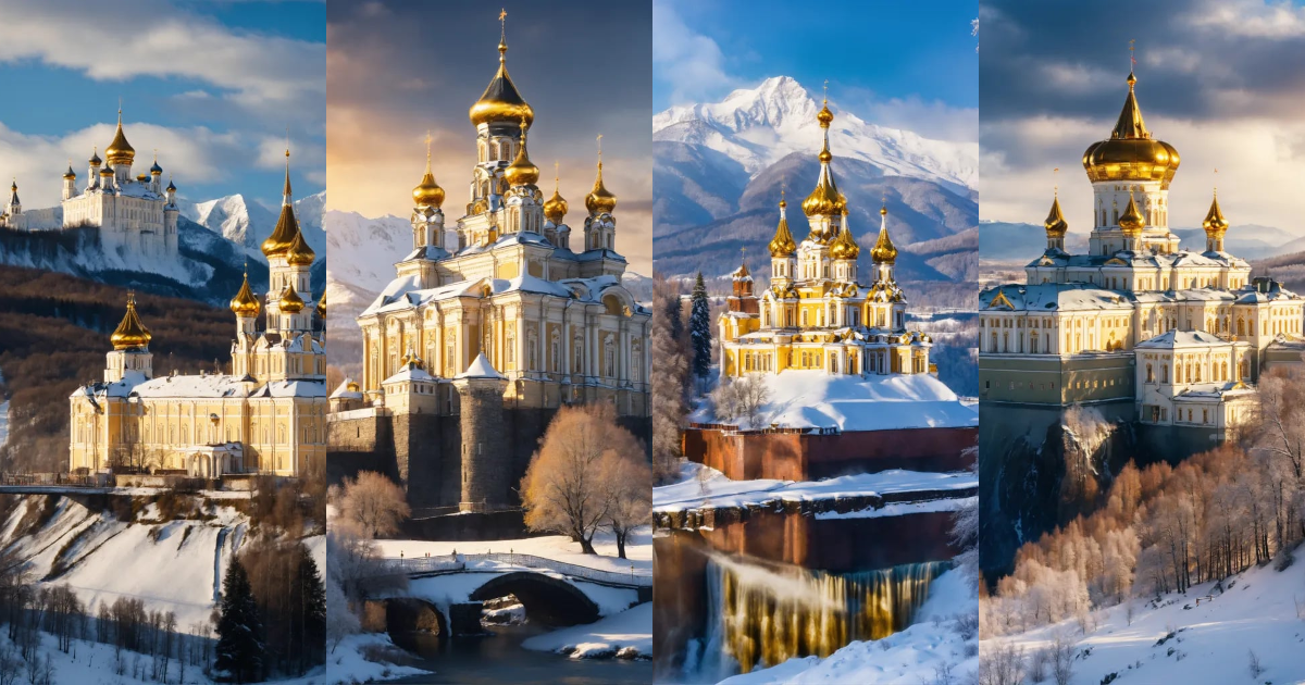 Lexica - Russian royal castle with golden roof in foreground and winter ...