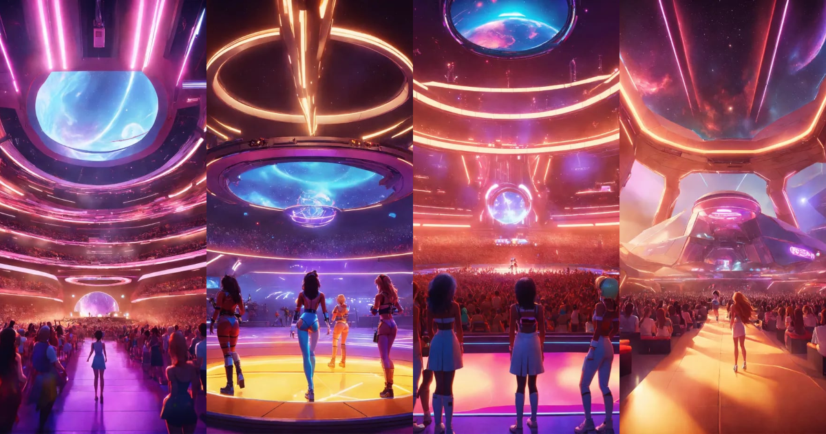 Lexica - A concert plays at a futuristic arena at a spaceport, the ...