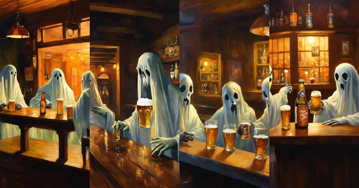 Lexica - Painting of ghosts drinking beer at a bar. Greg Rutkowski ...
