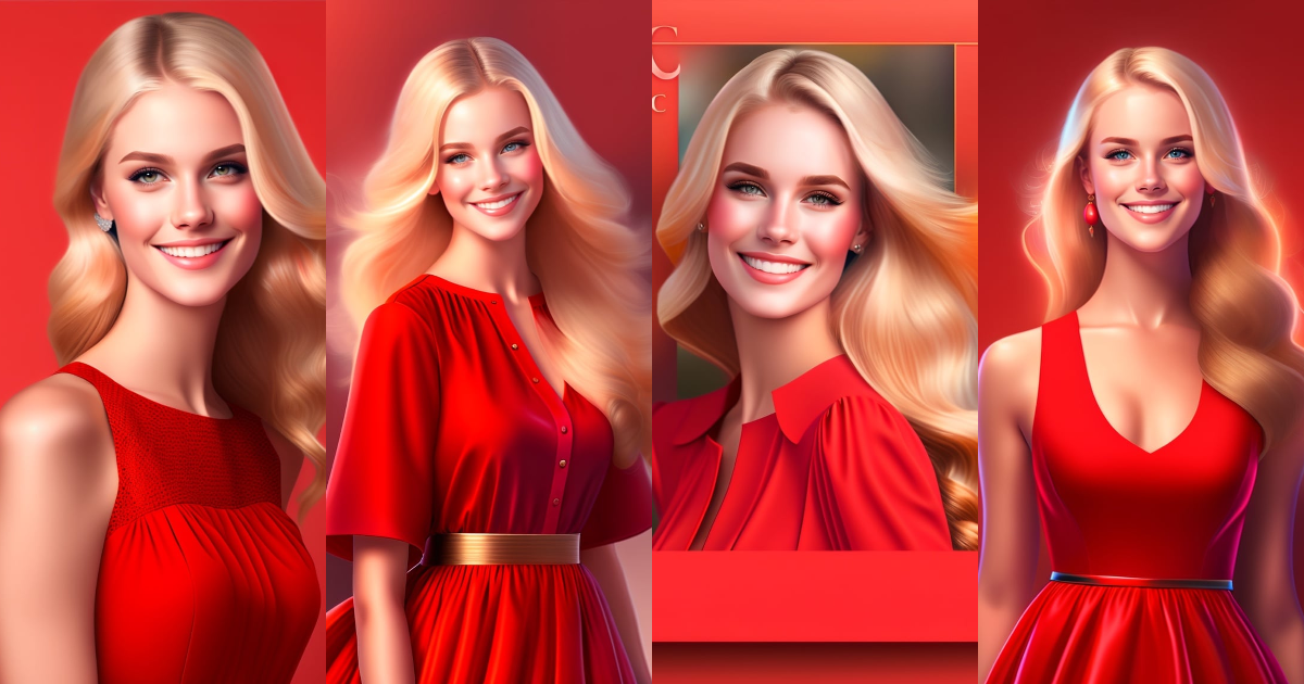 Lexica - Beautiful, young blonde girl stands smiling in a red summer dress