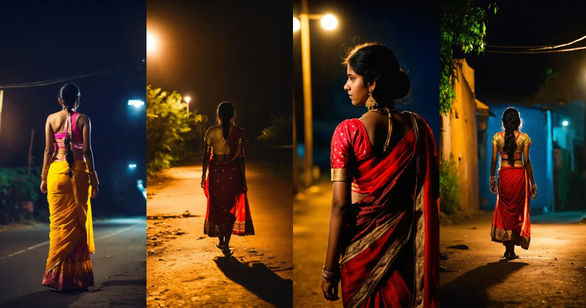 Lexica - Back with sadness indian sare girl going on road dark night walk
