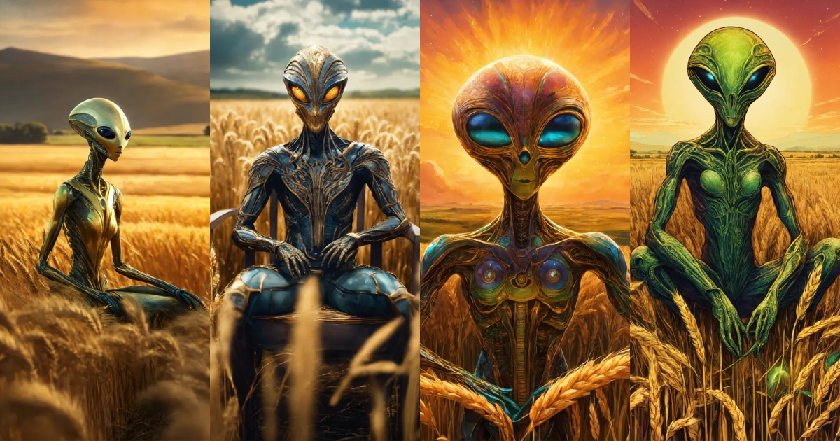 Lexica - An alien sits in the center of the wheat field