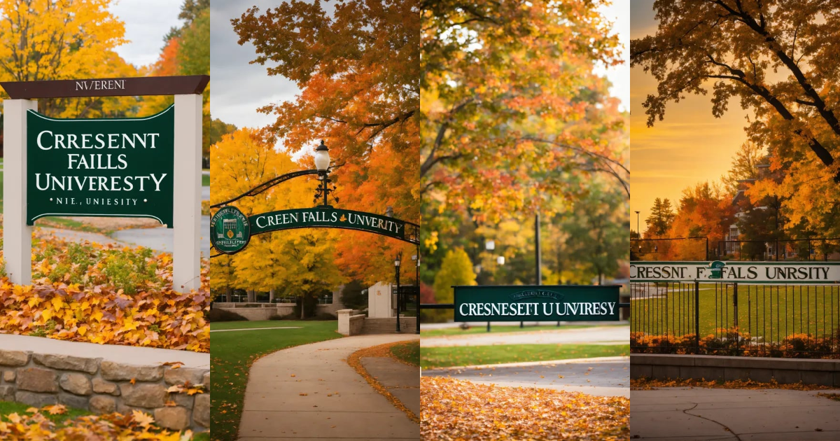 Lexica - University Campus sign that reads CRESCENT FALLS UNIVERSITY ...