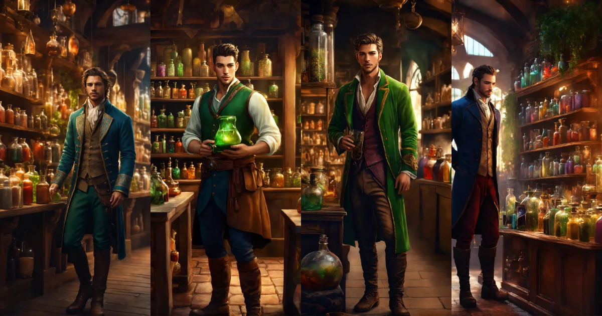 Lexica - Handsome man in potions and potions store full-length ...