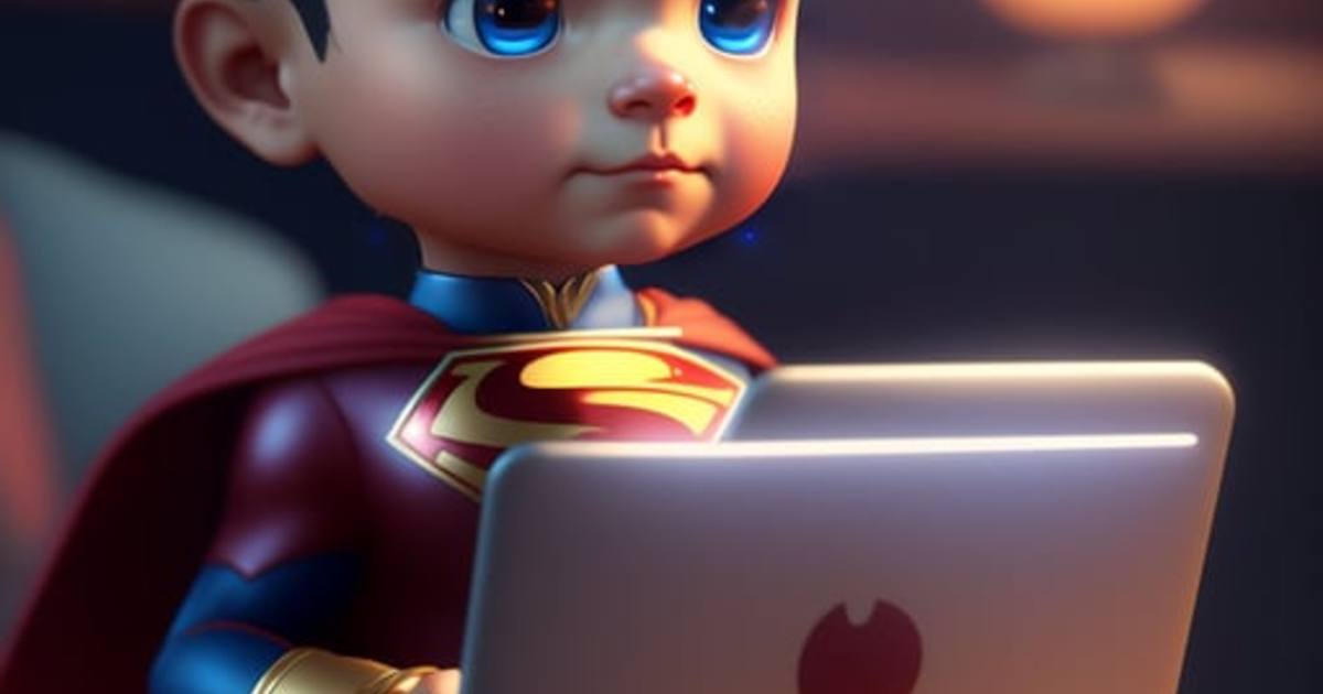 Lexica - Cute small humanoid superman sitting in front of laptop ...