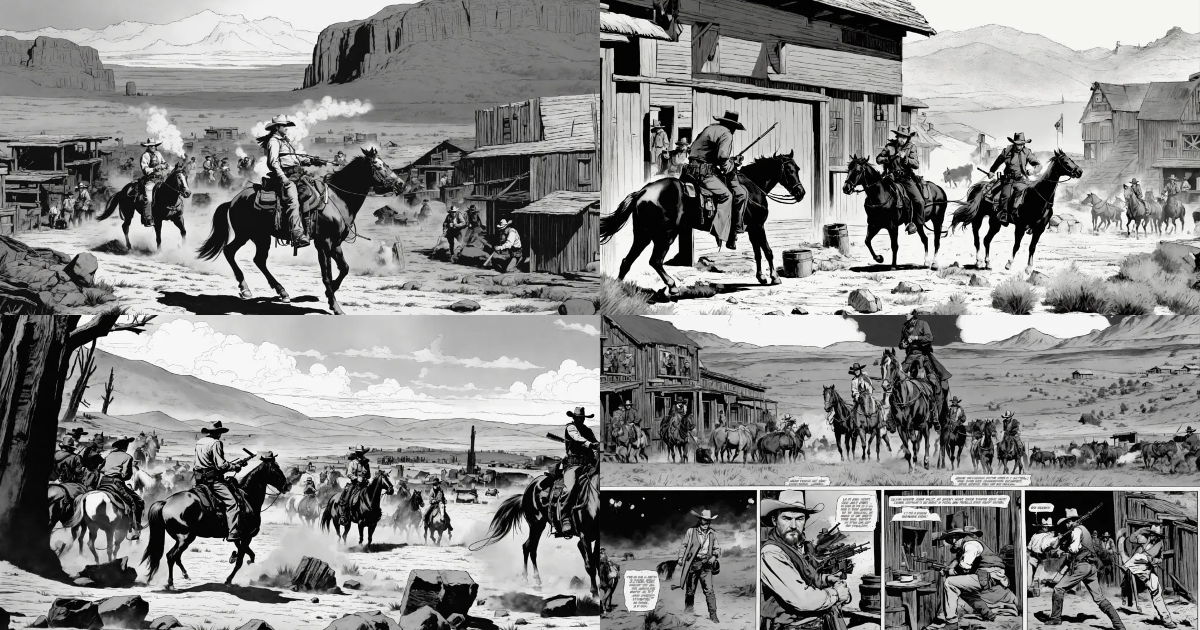 Lexica - A classic far west comic page, cowboys open fire, black white