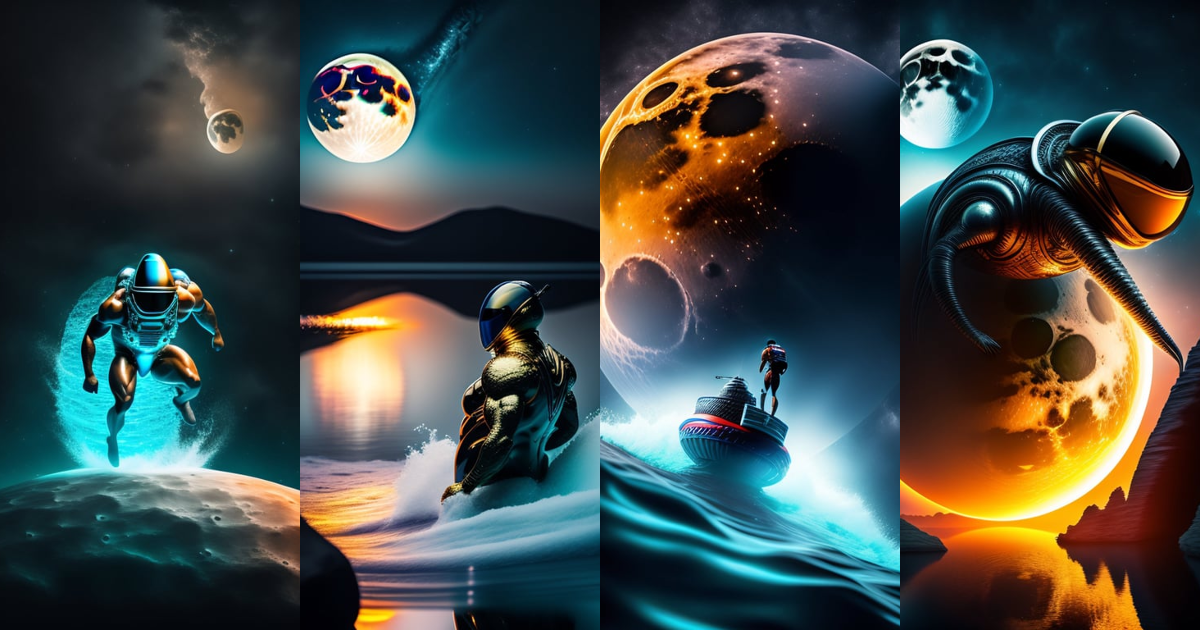 Lexica - Bodybuilder alien swimming through molten lead on the moon