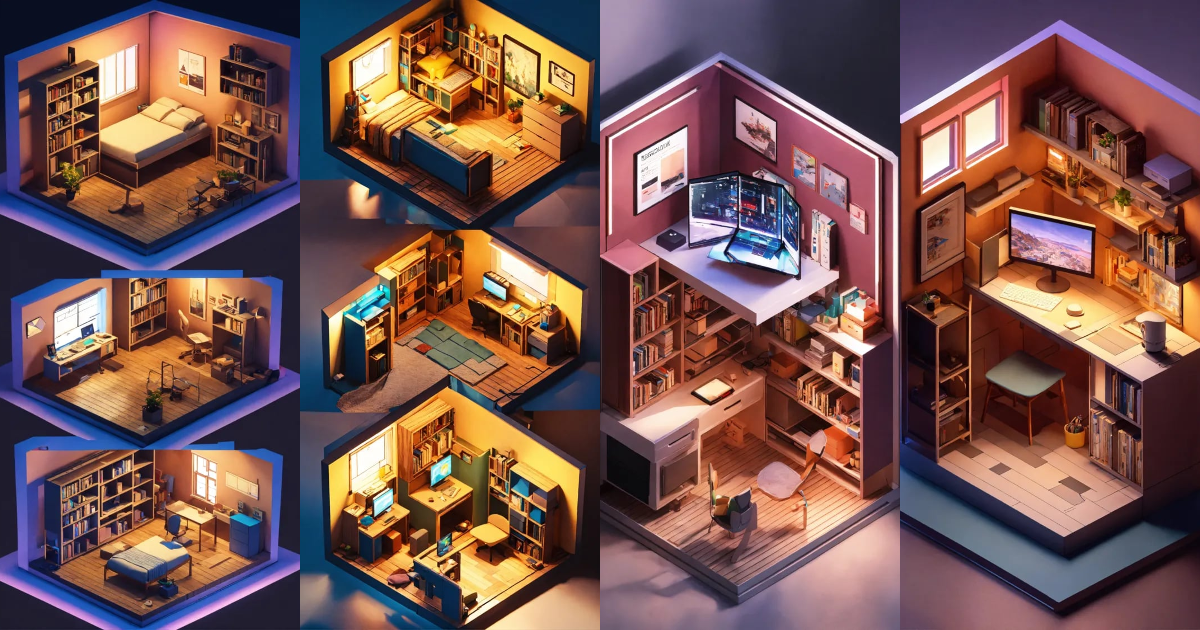 Lexica - Cube cutout of an isometric programmer bedroom with a PC ...